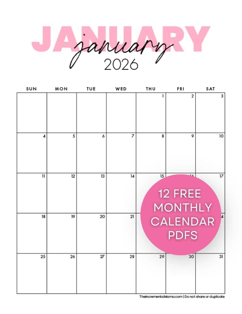 Free Printable Pretty 2026 Pink Calendar Templates - The Incremental Mama