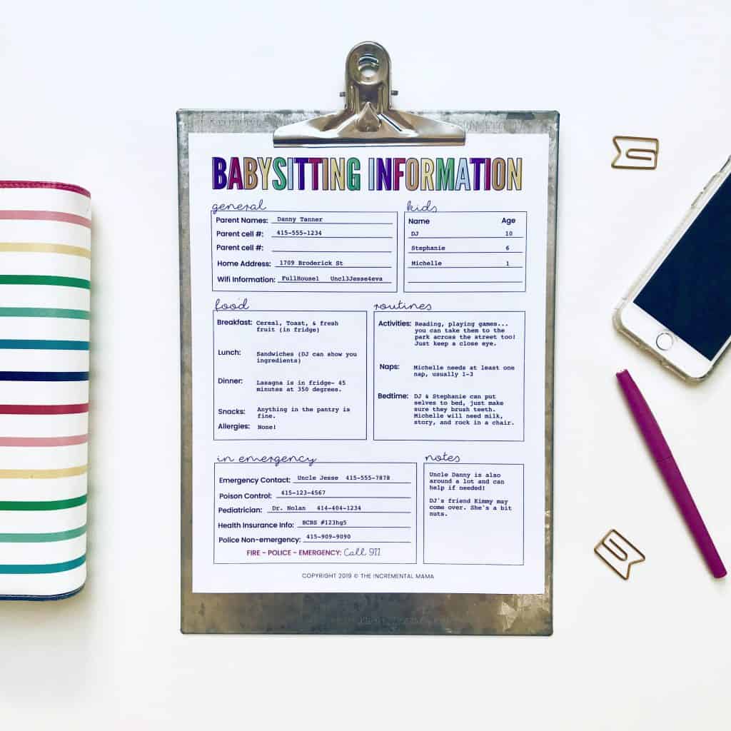 Free Printable Babysitting Information Sheet - The Incremental Mama