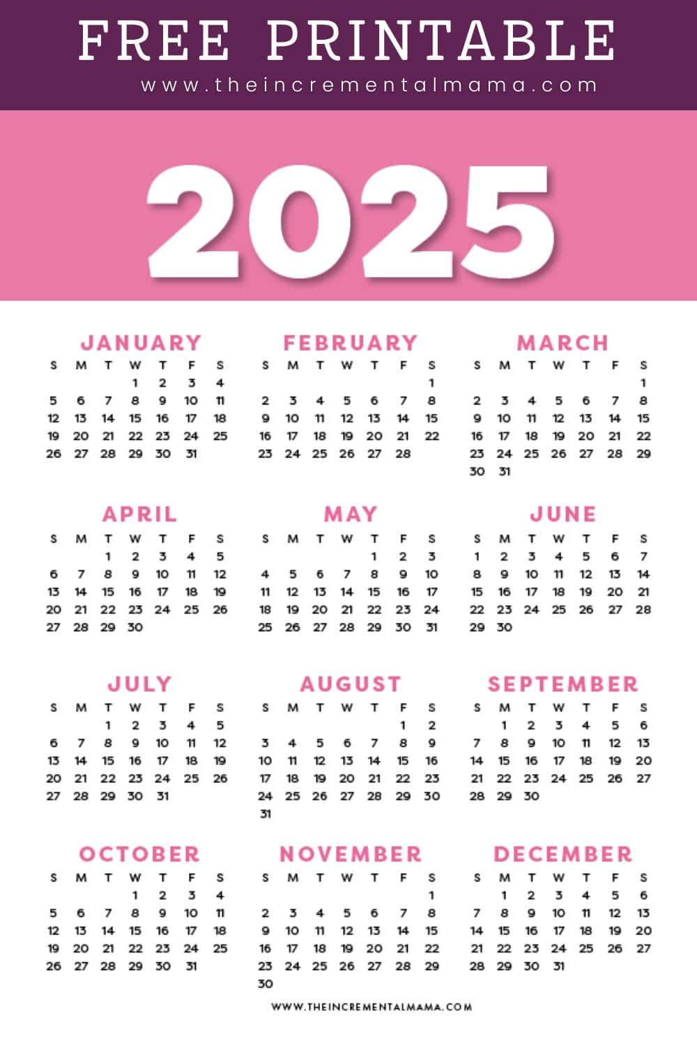 12 Free Printable One-Page Yearly Calendars - 2025, 2026, 2027 - The Incremental Mama