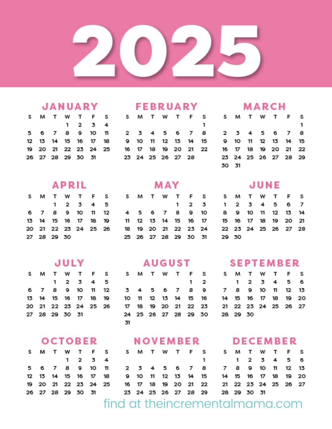 12 Free Printable One-Page Yearly Calendars - 2025, 2026, 2027 - The Incremental Mama