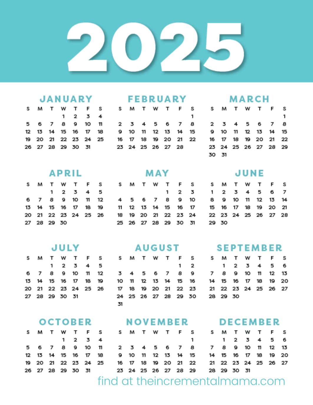 12 Free Printable One-Page Yearly Calendars - 2025, 2026, 2027 - The Incremental Mama
