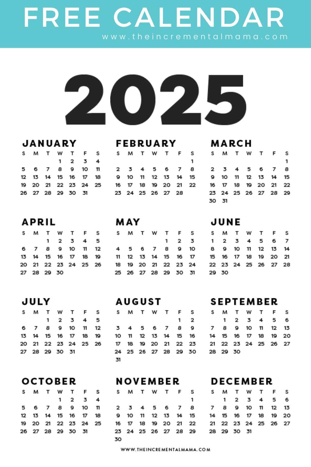 12 Free Printable One-Page Yearly Calendars - 2025, 2026, 2027 - The ...