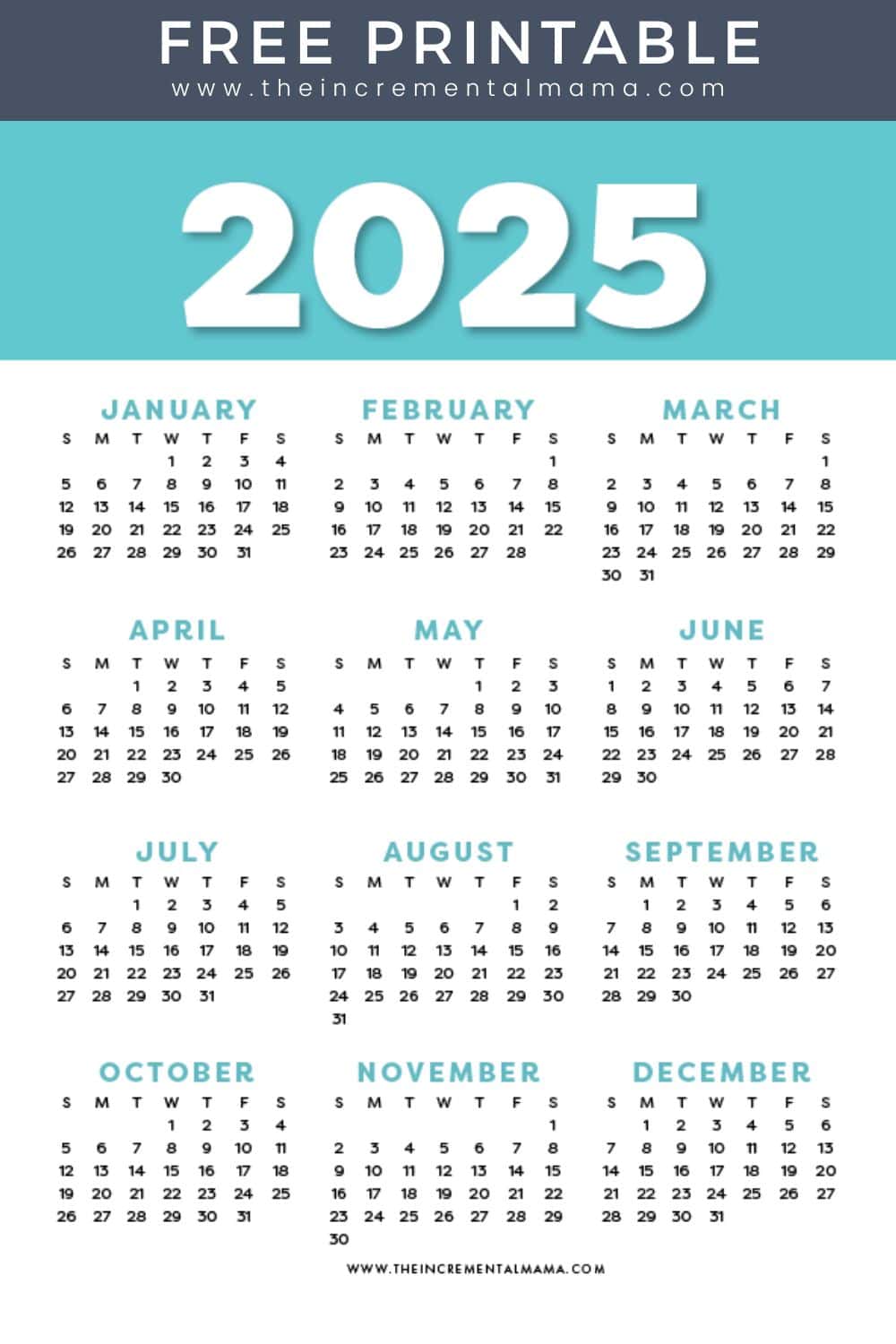 12 Free Printable One-Page Yearly Calendars - 2025, 2026, 2027 - The Incremental Mama