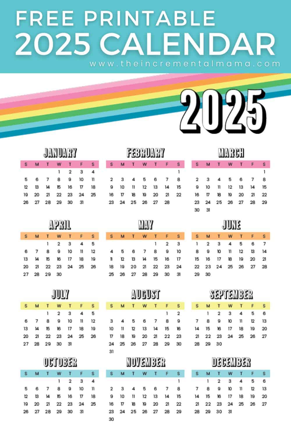 12 Free Printable One-Page Yearly Calendars - 2025, 2026, 2027 - The Incremental Mama