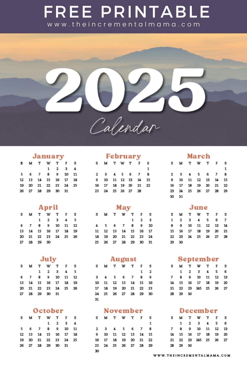 12 Free Printable One-Page Yearly Calendars - 2025, 2026, 2027 - The Incremental Mama