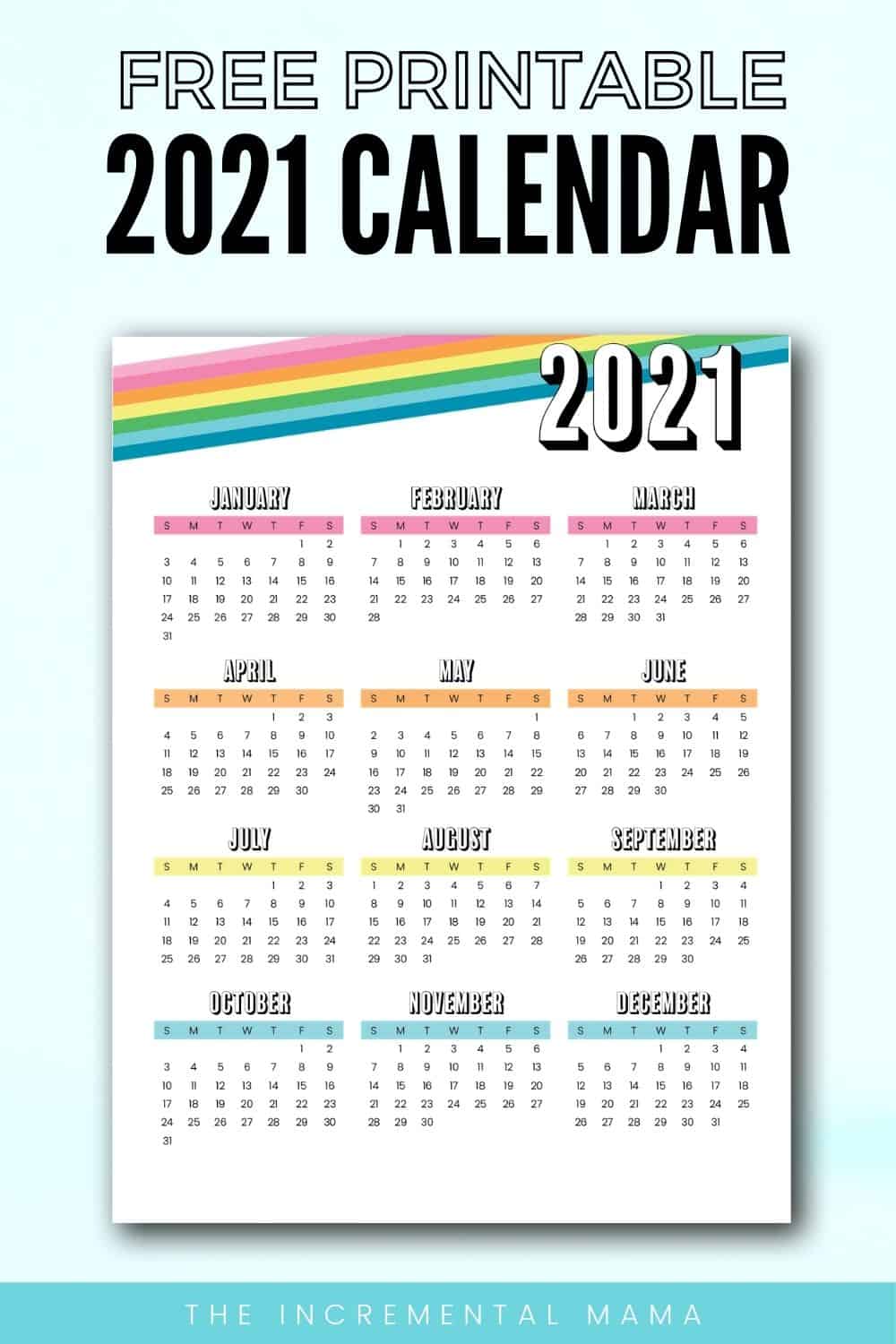One-Page Rainbow 2021 Calendar (Free Printable)