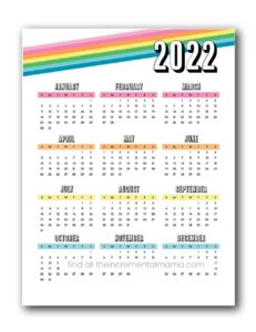 Rainbow 2022 One-Page Calendar PDF - Free Printable Template