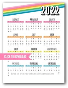 Rainbow 2022 One-Page Calendar PDF - Free Printable Template