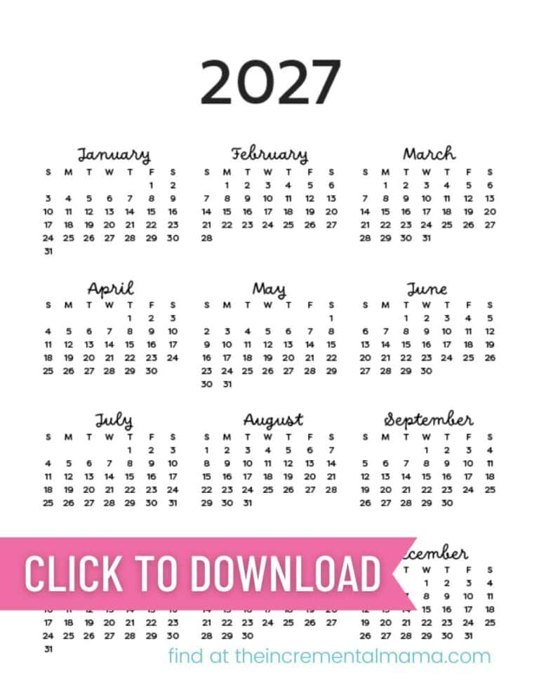 12 Free Printable One-Page Yearly Calendars - 2025, 2026, 2027 - The Incremental Mama